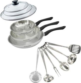 Fackelmann 9445950 Lot de 3 po&ecirc;les de 20, 24 et 28 cm en acier inoxydable 18/8, 2 couvercles en verre et 6 ustensiles de cuisine, po&ecirc;le pour tous types de feux, 