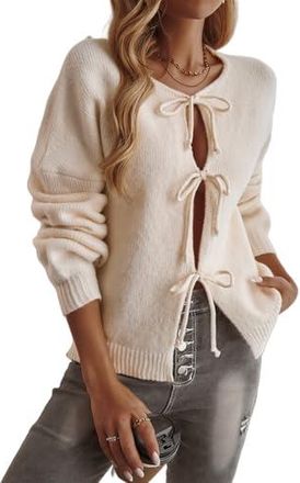 Generic Y2K Cardigan à nouer sur le devant pour femme, tricot épais côtelé à manches longues bouffantes tendance pour lautomne et lhiver, abricot, XL