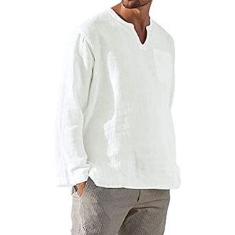 Generic Chemise boutonn&eacute;e en lin pour homme - Chemise de plage en lin - D&eacute;bardeurs noirs &agrave; manches longues - Coupe droite - T-shirt blanc vintage pour le Roya