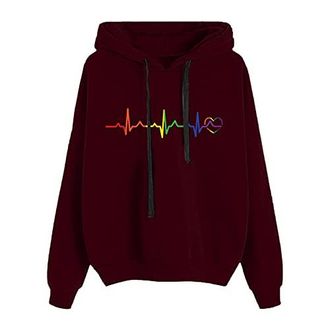 Generic Sweat &agrave; capuche imprim&eacute; d&eacute;contract&eacute; &agrave; manches longues avec cordon de serrage pour femme, bordeaux, XXL