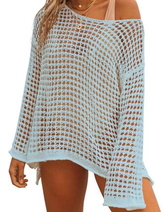 Bsubseach Crochet Crop Tops f&uuml;r Frauen Badeanzug Cover Ups Sexy Hollow Out Swim Cover Up Knit Sommer Outfits Hell Blau