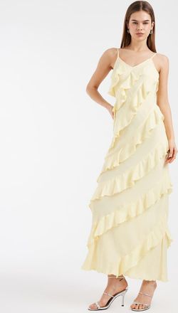 Vero Moda Robe longue coup&eacute;e en biais &agrave; volants et fines bretelles - Jaune p&acirc;le