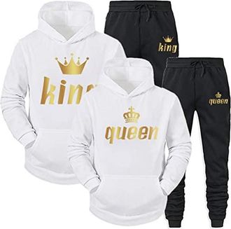 Minetom King Queen Imprimé Survêtement Couple Ensemble de Sport Jogging Femme Homme Sweat à Capuche et Pantalon 2 Pièces Set Blanc King XXL