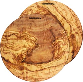 NATUREHOME 2er Set Pizzateller Holz rund 30cm Olivenholz massiv Holzteller f&uuml;r Pizza und Flammkuchen stapelbar lebensmittelechtes Holzgeschirr K&auml;seplatte Servier