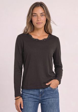 Street One Langarmshirt STREET ONE, Damen, Gr. 34, schwarz (schwarz coffee), Web, 50% Baumwolle, 50% Modal, unifarben, comfort fit normal, Rundhals, abgesteppt, 