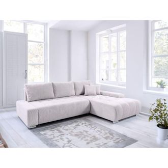 Fun Möbel Ecksofa Sofa mit Schlaffunktion VOGAR Stoff Poso Altweiß Ottomane Rechts