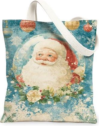 Generic Sacs fourre-tout en toile de vacances, motif P&egrave;re No&euml;l vintage, sacs &agrave; provisions r&eacute;utilisables, d&eacute;coratifs festifs, l&eacute;gers et lavables, Bleu, 13x15 I