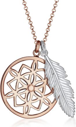 Elli Halskette Silber 925 Rosé 18K Vergoldet Bicolor Ornament Traumfänger Feder Anhänger Kette Damen Schmuck Geschenke für Frauen Mädchen Mama Freundin, Si