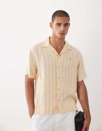 Abercrombie & Fitch Kurz&auml;rmliges Hemd aus 100% Leinen in Gelb gestreift mit Markenlogo