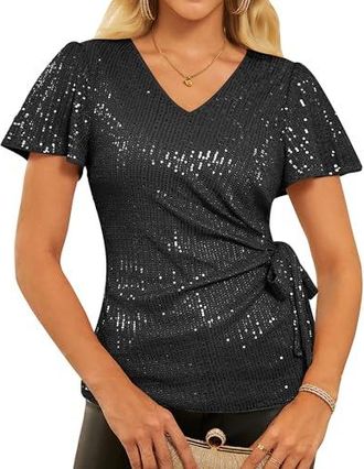 Grace Karin Femme Haut Chic &Agrave; Sequins Blouse Soir&eacute;e &Eacute;l&eacute;gante &Agrave; Paillettes Top De F&ecirc;te Col en V Manches &Agrave; Volants Courtes Noir XXL