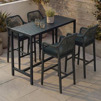 Mendler Set Bartisch + 4X Barhocker HWC-P91, Barstuhl Stehtisch, Outdoor Sitzpolster Seilgeflecht Metall - gr&uuml;n