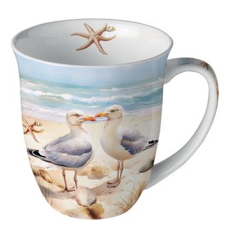 Ambiente Kaffeetasse Henkelbecher Teetasse Mug 0,4 l Fine Bone China Porzellan M&ouml;ven Meer Strand Serie seagulls
