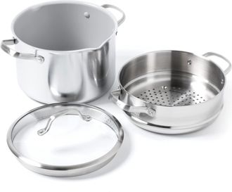 GreenPan Venice Pro Tri-Ply Edelstahl-Gesundheits-Keramik-Antihaft 24cm/7,6 L Mehrzweck-Kochtopf mit Dampfgarer/Siebeinsatz & Glasdeckel, PFAS-frei, Induktion,