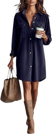 Minetom Robe Chemise en Velours C&ocirc;tel&eacute; Femme Automne Hiver D&eacute;contract&eacute;e Manches Longues Robes avec Boutons Poches A Bleu L