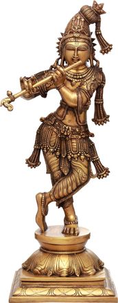 Exotic India Haloed Krishna, The Tribhanga Murari, Plays On The Flute - Brass Statue - Color Natural Brass Color