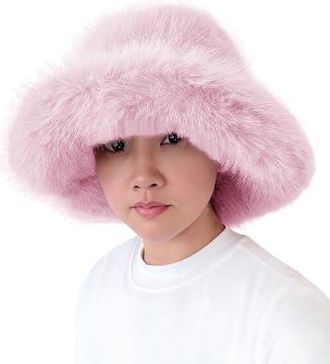 Lina & Lily Grand Chapeau Bob Hiver Femme à Larges Bords en Fausse Fourrure Poils Longs (Rose Clair)