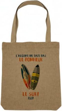 Fabulous Sac Shopping Tote Bag Aspect Lin - Surf - Largent ne Fait Pas le Bonheur Sport Aquatique Sac de Courses Toile Epaisse 360g Beige Naturel Cabas Port&eacute; E