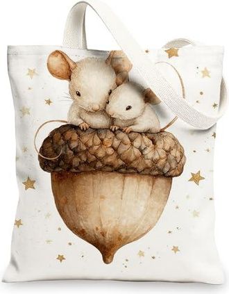 Generic Sacs fourre-tout en toile avec motif animal mignon, adorable souris gland, sacs à provisions réutilisables, fantaisie, vintage, léger, lavable, blanc,