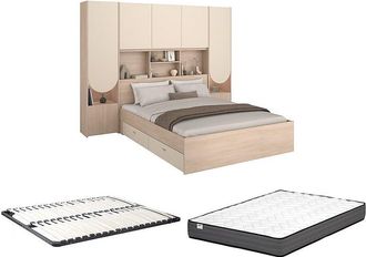 Vente-Unique Hochbett 160 x 200 cm mit Stauraum + LEDs + Lattenrost + Matratze - Beige & Natur - DOMELITO