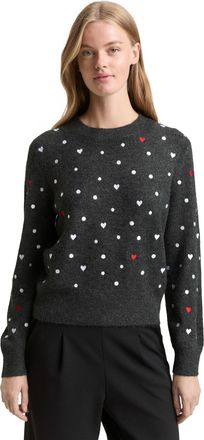 Tom Tailor Damen 1049088 Relaxed Fit Strickpullover mit Stickereien, 39414-Grey White Dots and Hearts, XL
