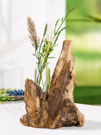 Gilde Rustikaler Treibholz-Vase mit Glasflasche, Naturholz Dekor, Handgefertigt Unikat