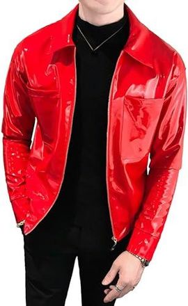 Generic Hommes Brillant Zipper PU Outwear Veste Homme Mode Revers Cuir Verni Manches Longues Retro Biker Blazer, Rouge, XXL