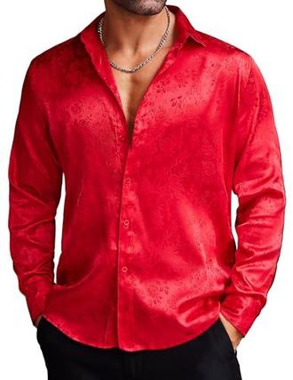 Coofandy Chemise boutonn&eacute;e &agrave; manches longues pour homme Motif cachemire floral Rose, Rouge, L