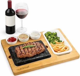 Nutrichef NutriChef Hei&szlig;er Stein Grillplatte - Tischgrill-Set mit Bambus und Keramik Ideal f&uuml;r Steak und Dinner - Nat&uuml;rliches Granit-Kochset - Servierplatte mit