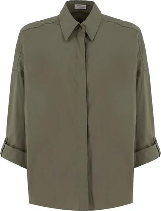 Brunello Cucinelli Femme, Blouses et Chemises, Vert, Taille: 38 FR Chemise en m&eacute;lange de coton orn&eacute;e de perles