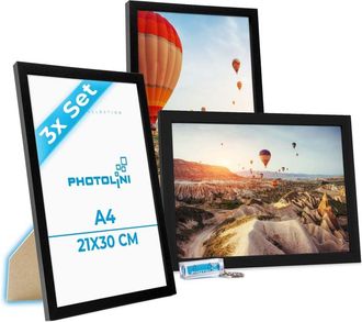 Photolini Bilderrahmen A4 Schwarz Holz MDF, 3er Set DIN A4 Bilderrahmen schwarz 21x30 cm, bruchsicheres Acrylglas, picture frame zum Aufh&auml;ngen & Aufstellen, Rah