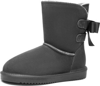Dream Pairs Damen Winter Schneestiefel FuzzyChic Schleife Echtes Wildleder Kunstfellfutter Memory-Schaum Warme Winter Kurzstiefel f&uuml;r drinnen und drau&szlig;en,Size 36.