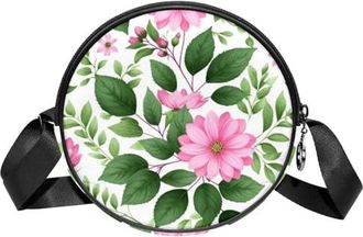 Generic Petit sac &agrave; bandouli&egrave;re circulaire pour femme, motif feuilles florales, sac &agrave; dos avec fermeture &eacute;clair, bretelles r&eacute;glables, sac &agrave; main rond d&eacute;contra