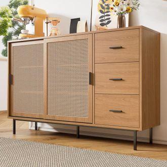 STILVORA Buffet et Enfilade avec 2 Portes Coulissantes, 3 Tiroirs, &Eacute;tag&egrave;res R&eacute;glables, Style Campagne, en Panneaux, Natural, 140&times;37&times;91 cm