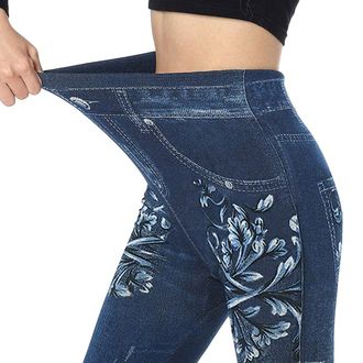 Onsoyours Leggings Damen Skinny Jeans-Look High Waist Jogginghose Stretch Blickdicht Bedruckte Jeggings Hose Pants Fitnesshose Yogahose Streetwear C Dunkelblau 