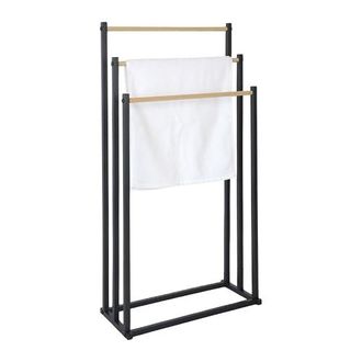 Relaxdays Handtuchständer, HBT: 86 x 44 x 21 cm, Metall, 3 Stangen in Holzoptik, stehender Handtuchhalter, schwarz/Natur