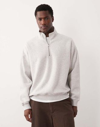 Abercrombie & Fitch Sweat de qualit&eacute; sup&eacute;rieure avec inscription logo et col &agrave; fermeture &eacute;clair - Gris