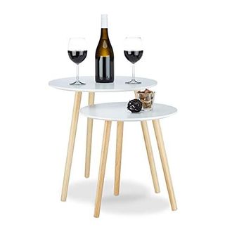 Relaxdays Beistelltisch 2er Set skandinavisch, 70er Design, Nachttische, Satztische, Durchmesser 39 und 47,5 cm, wei&szlig;, 47.5 x 47.5 x 47 cm