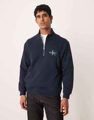 Calvin Klein Jeans Sweatshirt in Marineblau mit kurzem Rei&szlig;verschluss und Monogramm-Logo