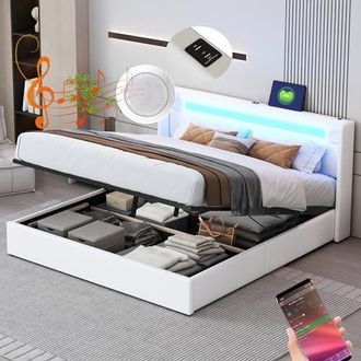 Merax Lit rembourré, 160 x 200 cm, avec bandes lumineuses LED, espace de rangement, lit double, avec lecteur Bluetooth et charge USB, pour adolescents et ad