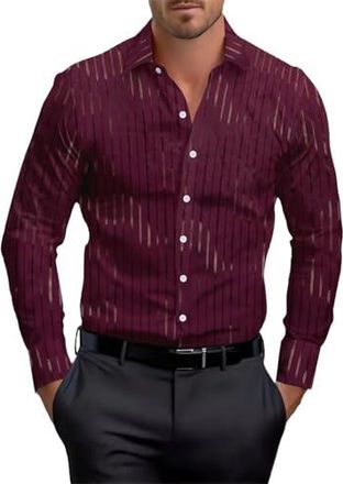 Generic Chemise ray&eacute;e pour homme &agrave; manches longues boutonn&eacute;e d&eacute;contract&eacute;e col revers personnalis&eacute; coupe ajust&eacute;e confortable chemise respirante v&ecirc;tements de sp