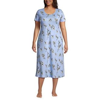 Lands End Wadenlanges Kurzarm-Nachthemd aus reiner Baumwolle, Damen, Gr&ouml;&szlig;e:52-54 plus, Blau, Baumwolle, by Lands End
