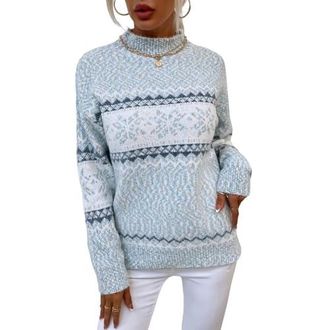 Generic Pull de No&euml;l en tricot d&eacute;contract&eacute; &agrave; manches longues pour femme - Pour lautomne et lhiver - Col rond, bleu, Taille S