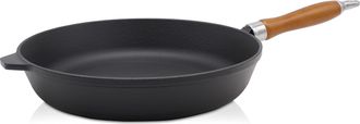 Krüger Gusseisenpfanne mit Holzgriff - emailliert - außen u. innen schwarz matt - hohe Hitzebeständigkeit und sehr gute Wärmespeicherung - für alle Herdarten
