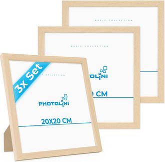 Photolini Bilderrahmen 20x20 Holz Natur aus MDF, 3er Set Poster-Rahmen, bruchsicheres Acrylglas, zum Aufhängen & Aufstellen, extra Zubehör - für Fotos & Poster