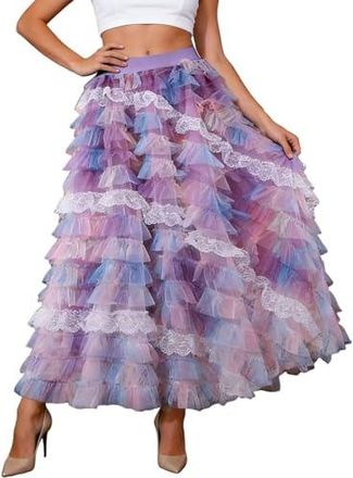 Generico Jupe maxi d&eacute;contract&eacute;e en tulle pour femme Taille haute &eacute;l&eacute;gante Taille &eacute;lastique douce, violet, Taille Unique