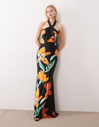 JW PEI Robe longue dos nu satin&eacute;e avec ourlet sir&egrave;ne - Noir &agrave; fleurs orange