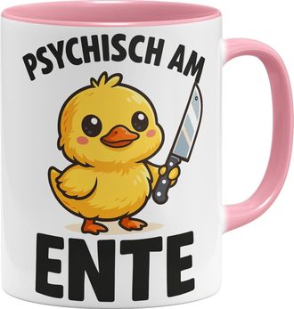 OM3 Psychisch am Ente Kaffee-Tasse mit Spruch - Spruchtasse Fun Motiv - Schwarzem Humor - Keramik Becher - 325ml - Beidseitig Bedruckt - Rosa