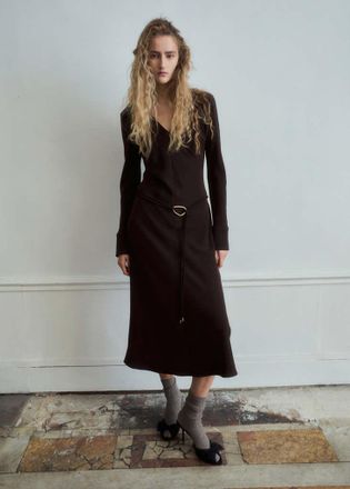 Mango Kleid mit V-Ausschnitt und G&uuml;rtel braun - Damen - S - MANGO