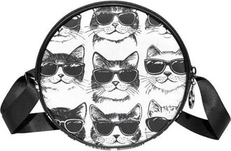 Generic Sac &agrave; bandouli&egrave;re rond pour femme, petit sac &agrave; bandouli&egrave;re hipster, motif chats hipster, sac &agrave; dos avec fermeture &eacute;clair, bretelles r&eacute;glables, sac &agrave; m