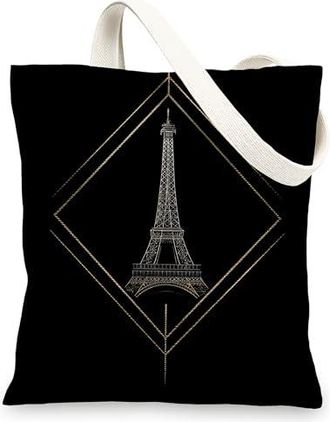Generic Sacs fourre-tout en toile Paris Tower - Design parisien chic - Légers et réutilisables - Pour voyage, plage, salle de sport, noir, 13x15 Inch
